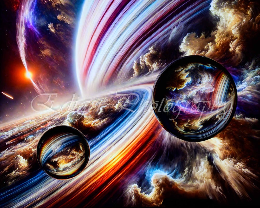 Vivid Cosmic Rings and Reflective Orbs in a Surreal Galactic Landscape ...
