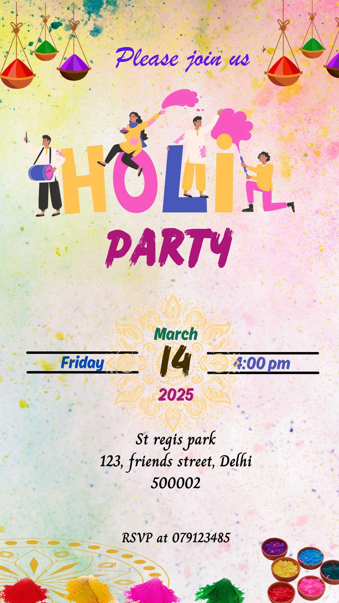 Holi Festival Invitation, Colorful Holi Party Invite, Digital Holi Card ...