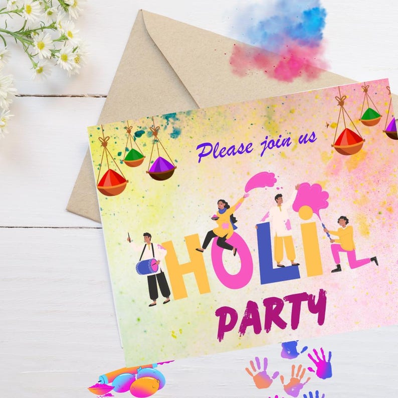 Holi Festival Invitation, Colorful Holi Party Invite, Digital Holi Card ...