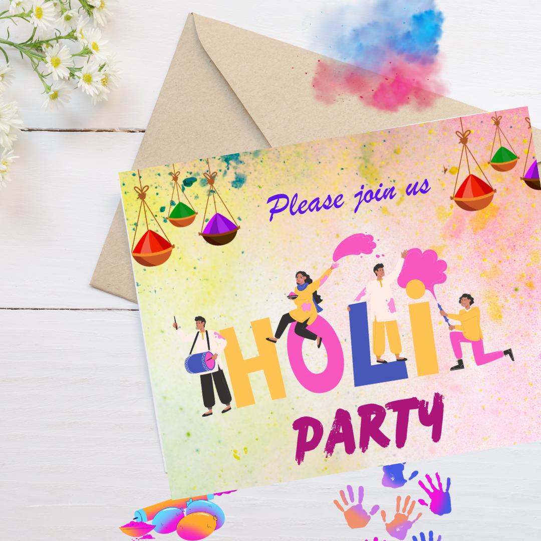 Holi Festival Invitation, Colorful Holi Party Invite, Digital Holi Card ...