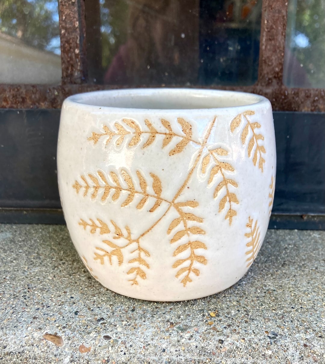 Handleless Pottery Cup, Fern Leaf Cup, White Pottery, Fern Handleless ...