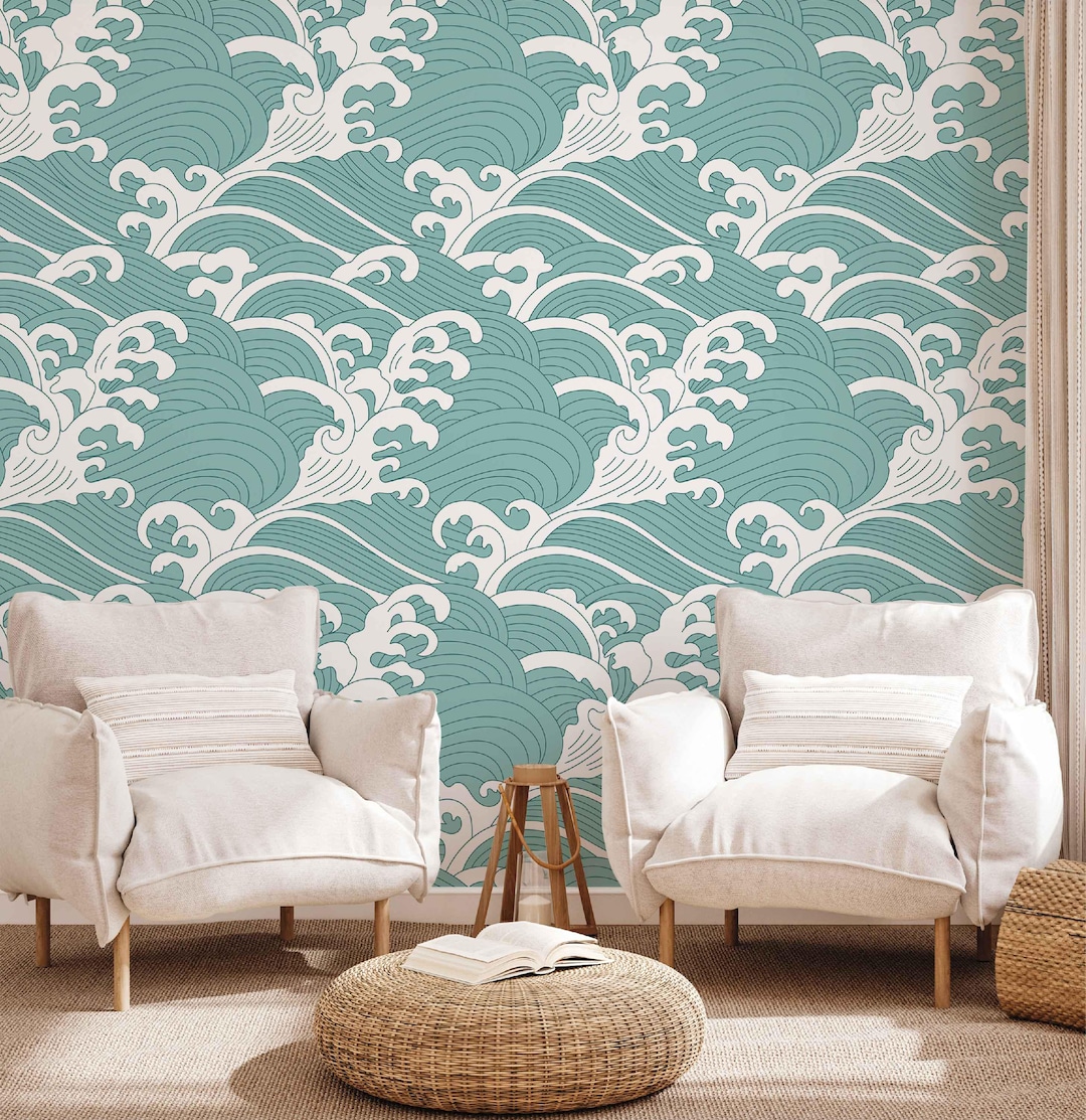 Blue Wave Wallpaper Teal Wave Wall Decal Pink Wave Wall Sticker Tsunami ...