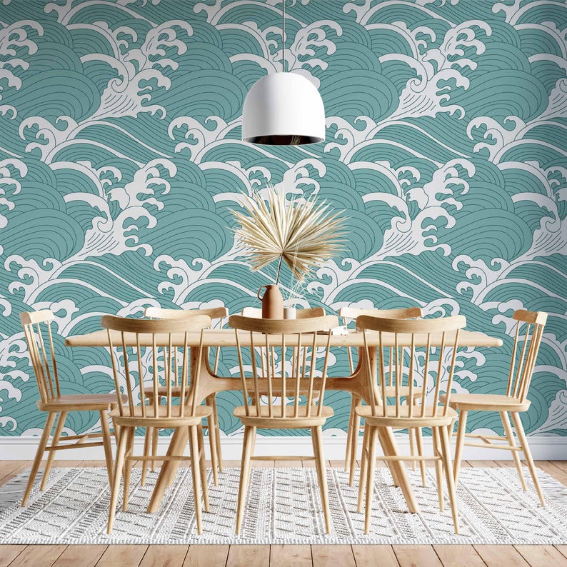 Blue Wave Wallpaper Teal Wave Wall Decal Pink Wave Wall Sticker Tsunami ...
