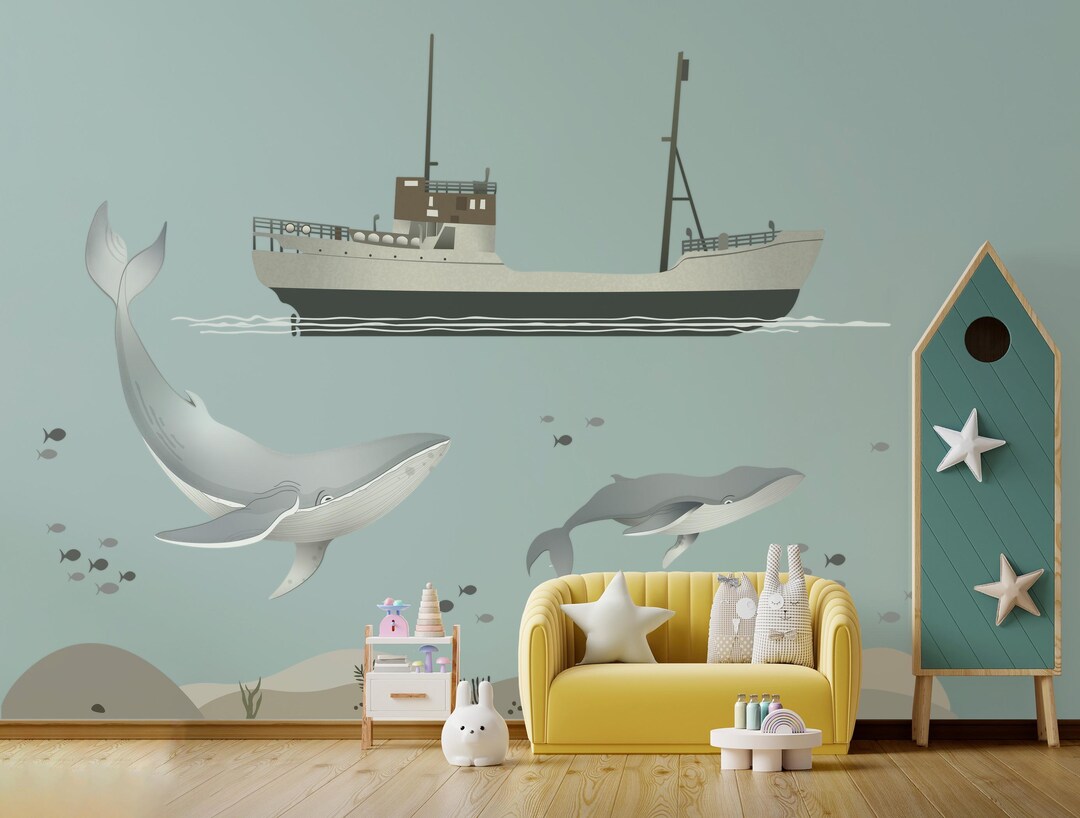 Blue Whale Wall Decal Fishing Boat Wall Sticker Deep Blue Sea Wallpaper ...