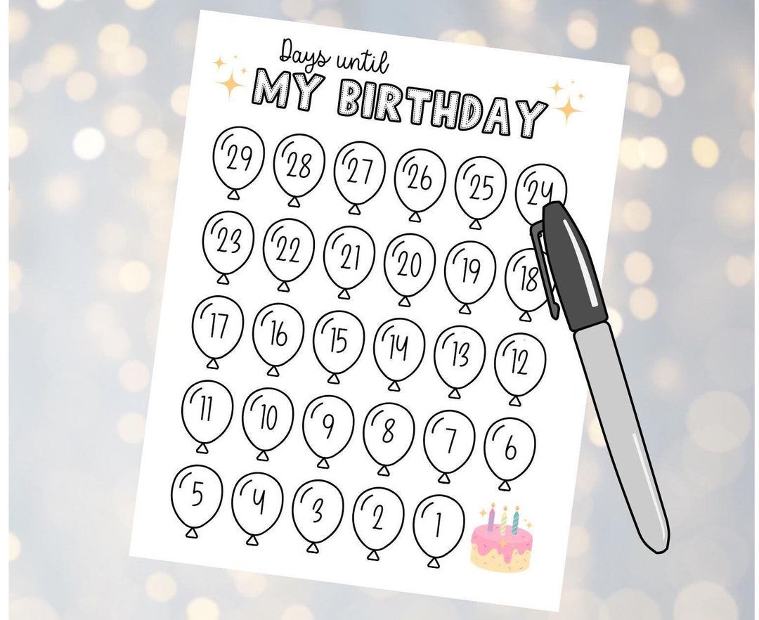 Days Until Birthday Countdown Printable, Birthday Coloring Page, Kids ...