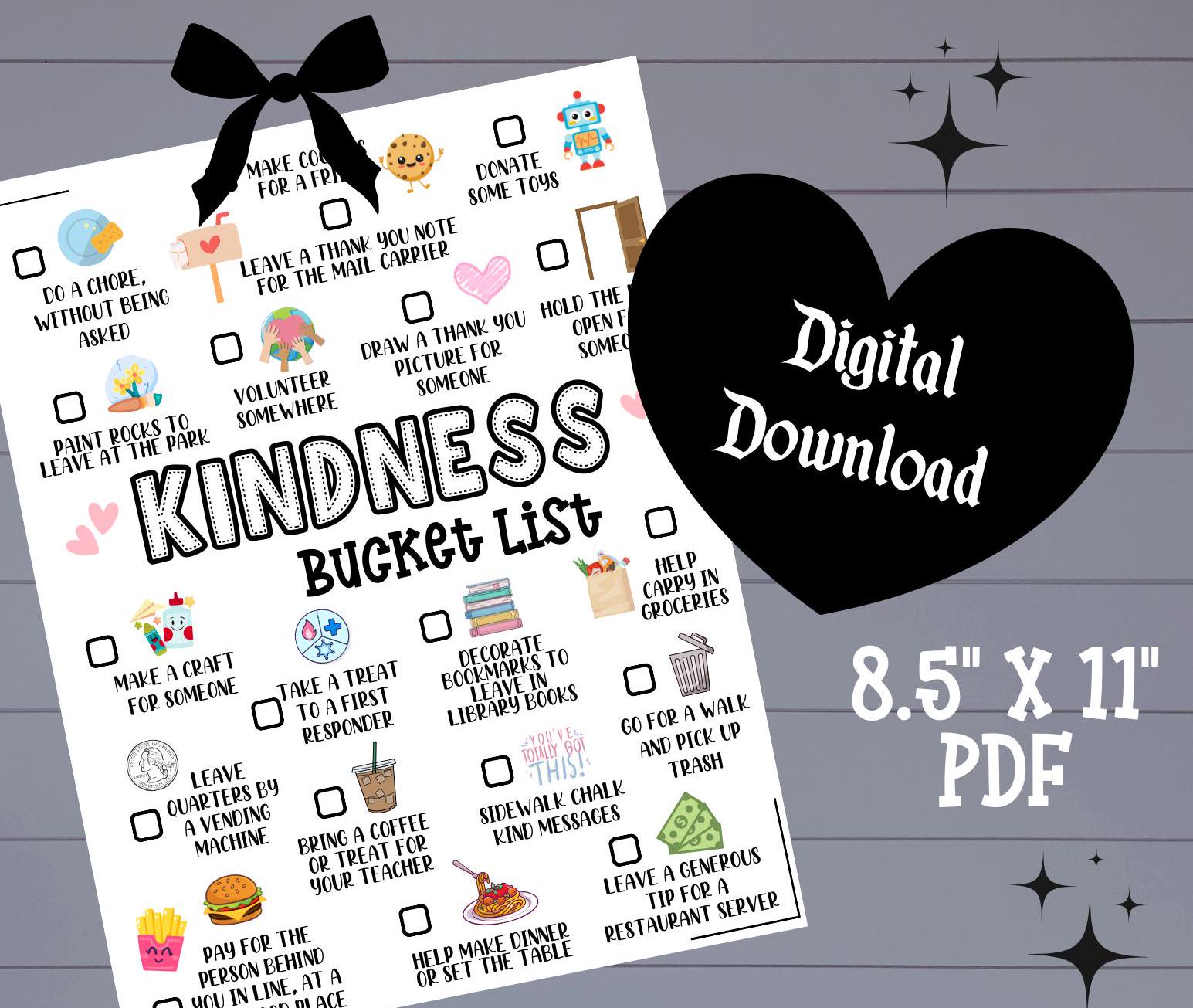 Kids Kindness Bucket List Printable, Print at Home Acts of Kindness for ...