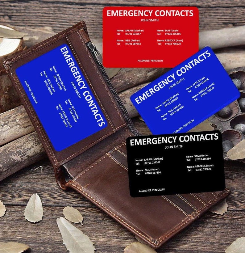 Custom EMERGENCY CONTACTS (ICE) Aluminium Wallet Card Personalised ...