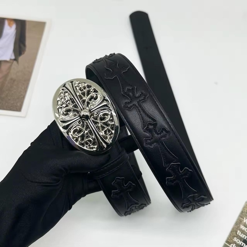 Y2K Vintage Black Multi Color Cross Silver Buckle Quality Leather Belt ...