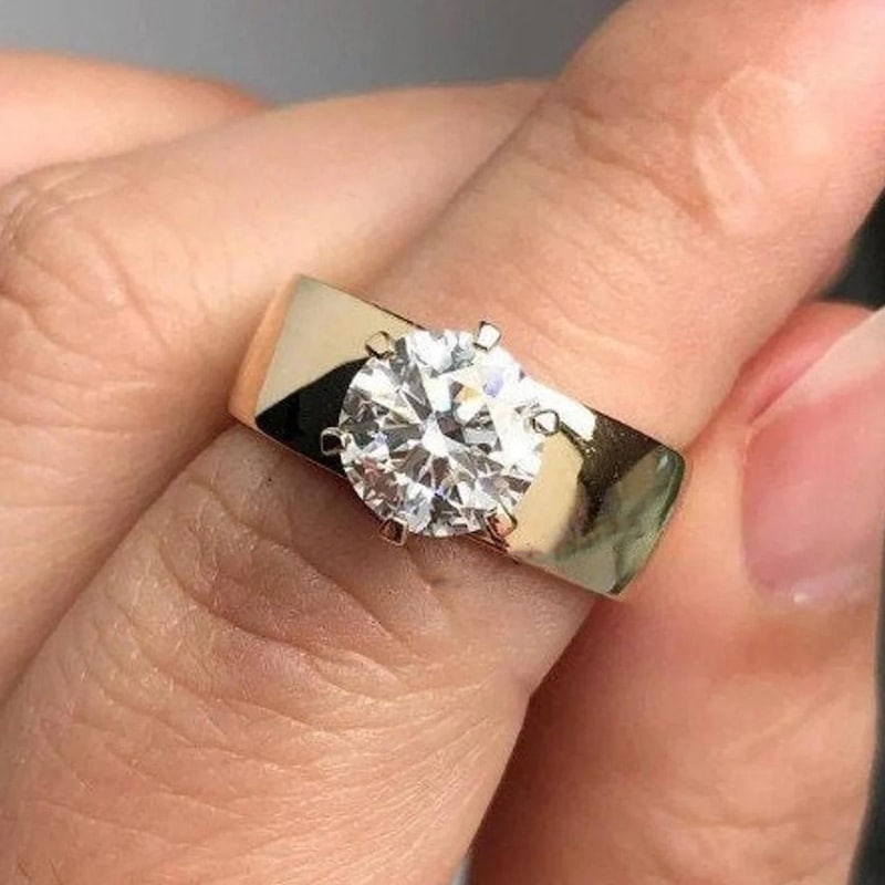 Wide Band Solitaire Ring - Etsy