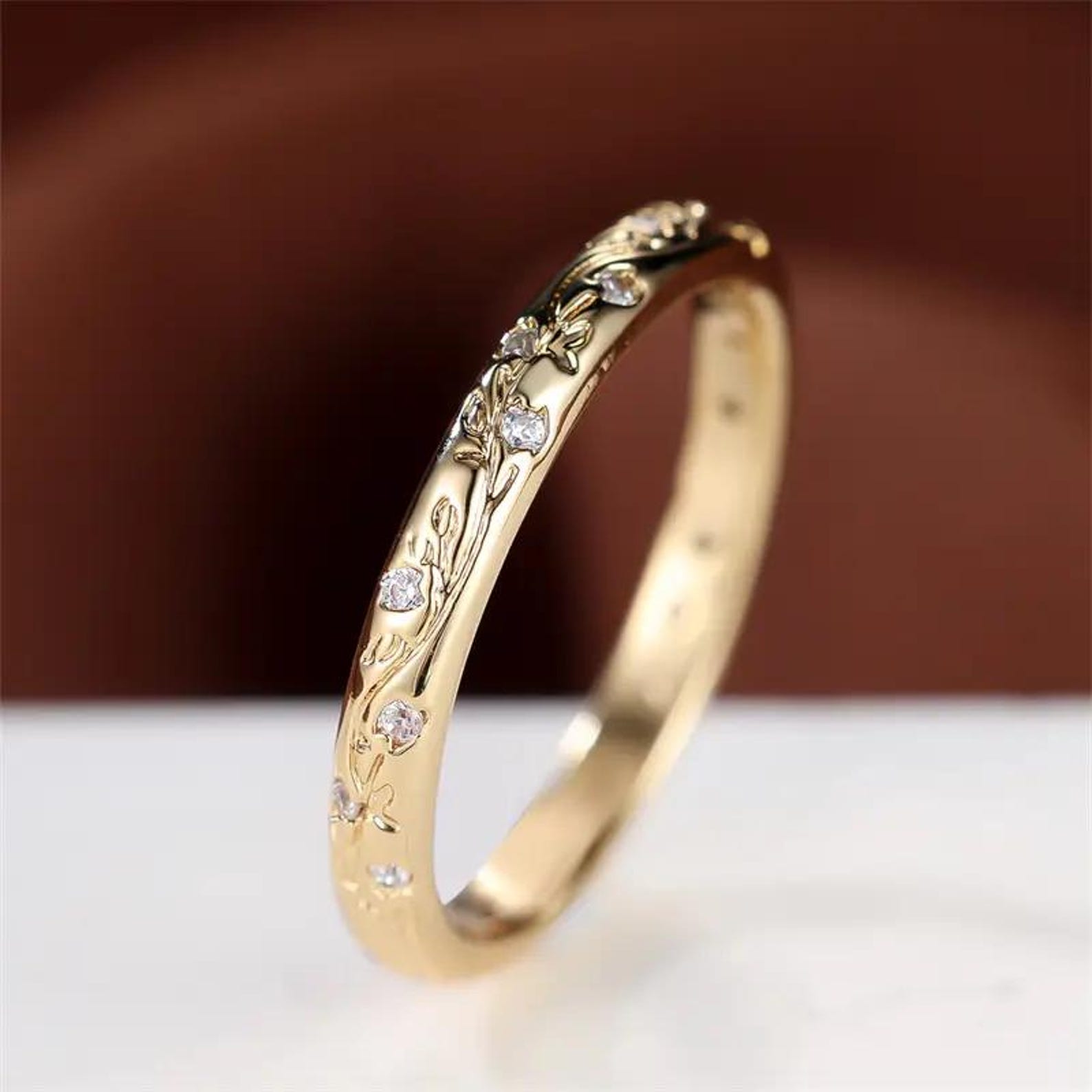 Antique Flush Setting Leaf Inspired Band, Round Moissanite Wedding Band ...