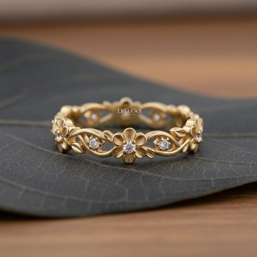 Flower Eternity Wedding Band, Round Cut Lab Grown Diamond Ring, Vintage ...