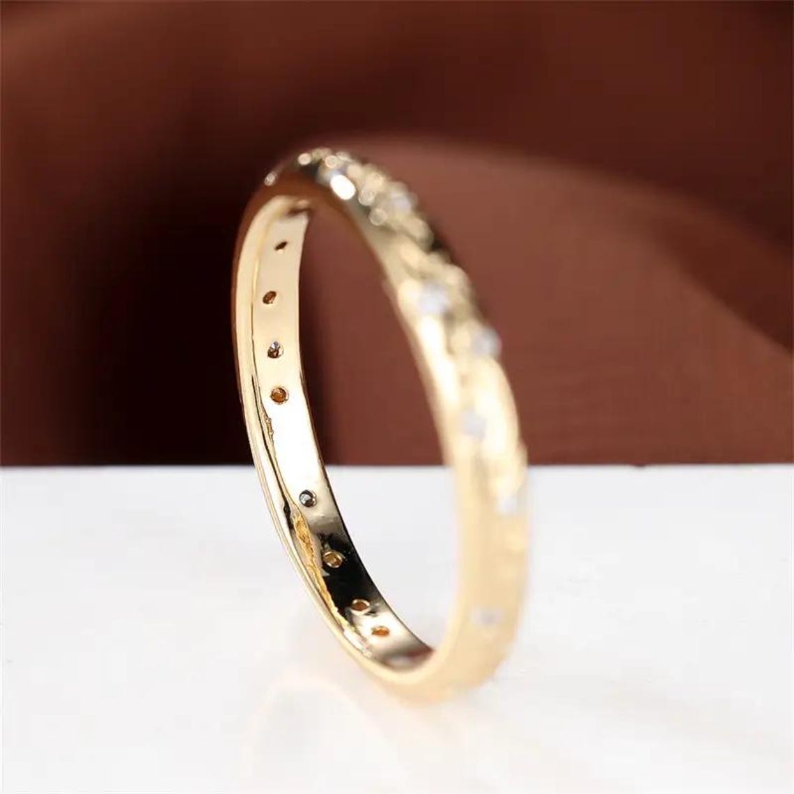 Antique Flush Setting Leaf Inspired Band, Round Moissanite Wedding Band ...