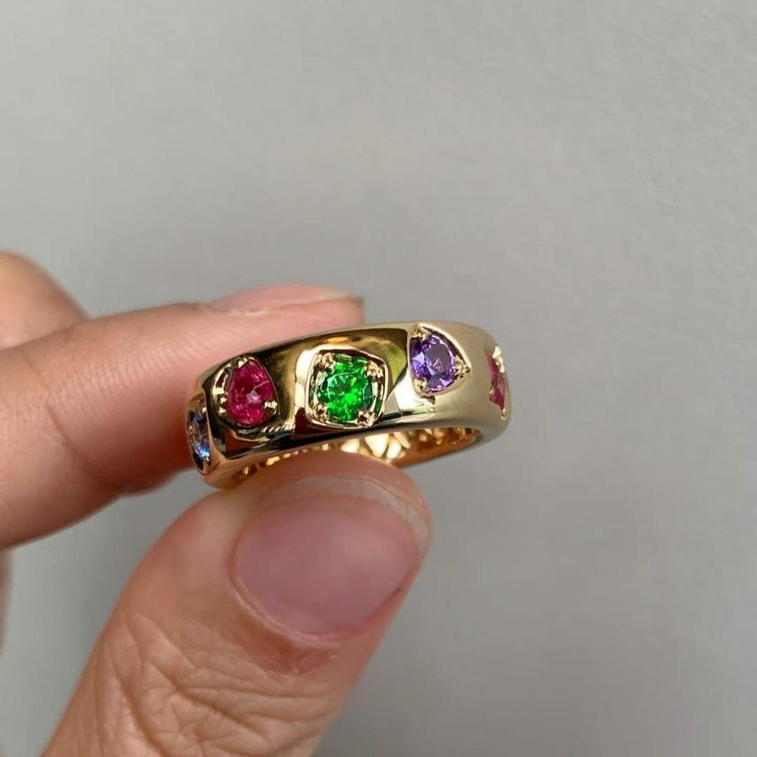 Multi Color Gemstone Wedding Band, Multi Shape Stackable Engagement ...