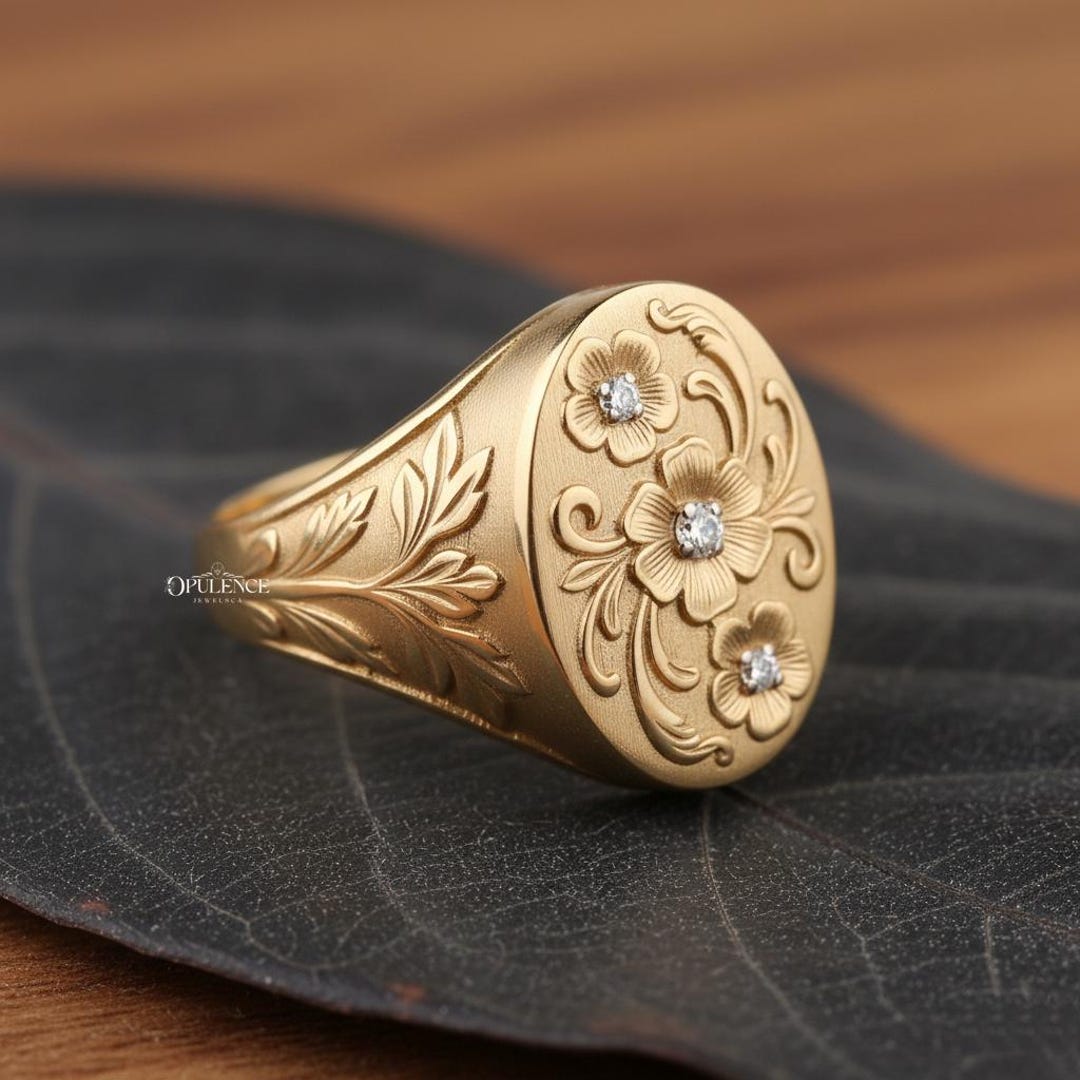 14K Gold Signet Wedding Ring, Round Flower Engagement Ring, Antique ...