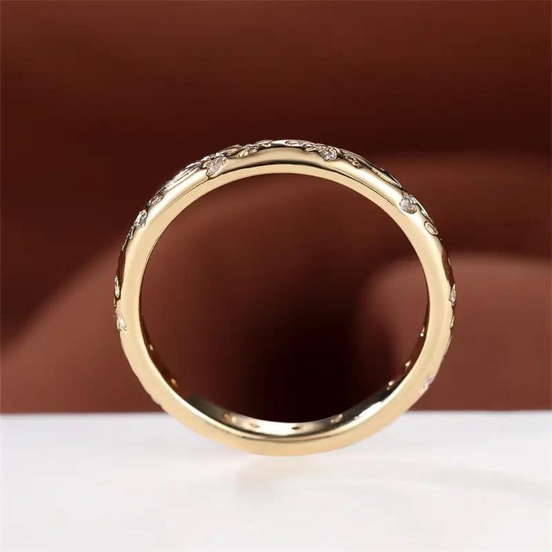 Antique Flush Setting Leaf Inspired Band, Round Moissanite Wedding Band ...