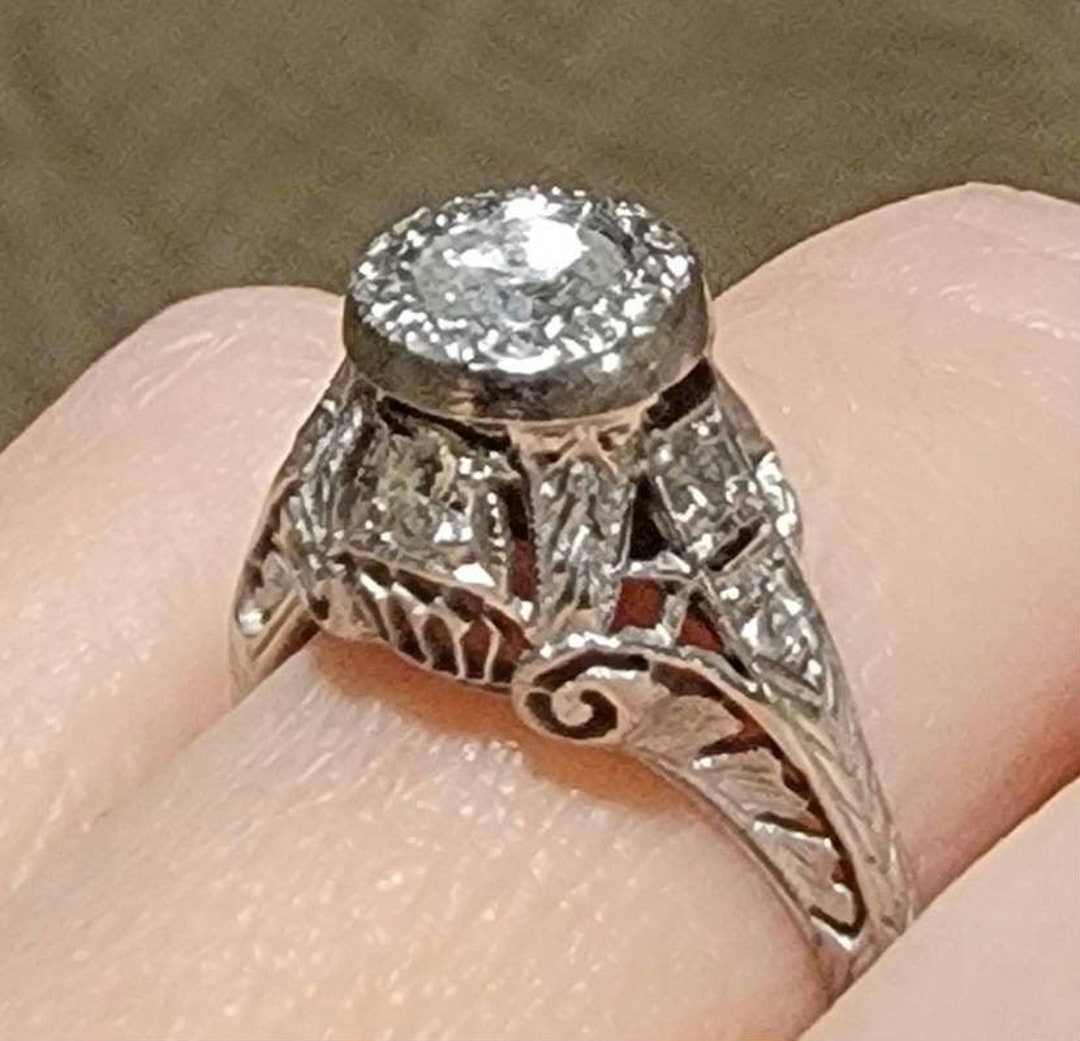 Antique Diamond Engagement Ring, 18k White Gold Filigree Setting, Size ...