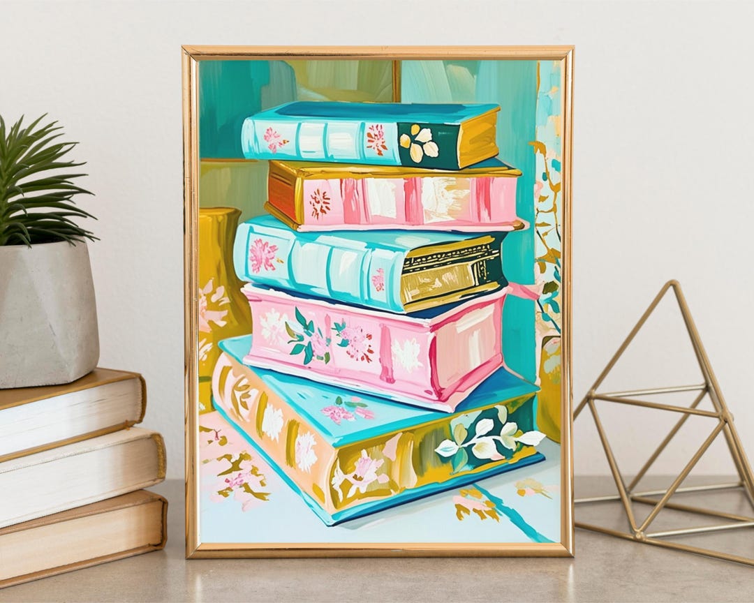 Floral Stack of Books Print: Pastel Bookworm Decor (digital Download ...