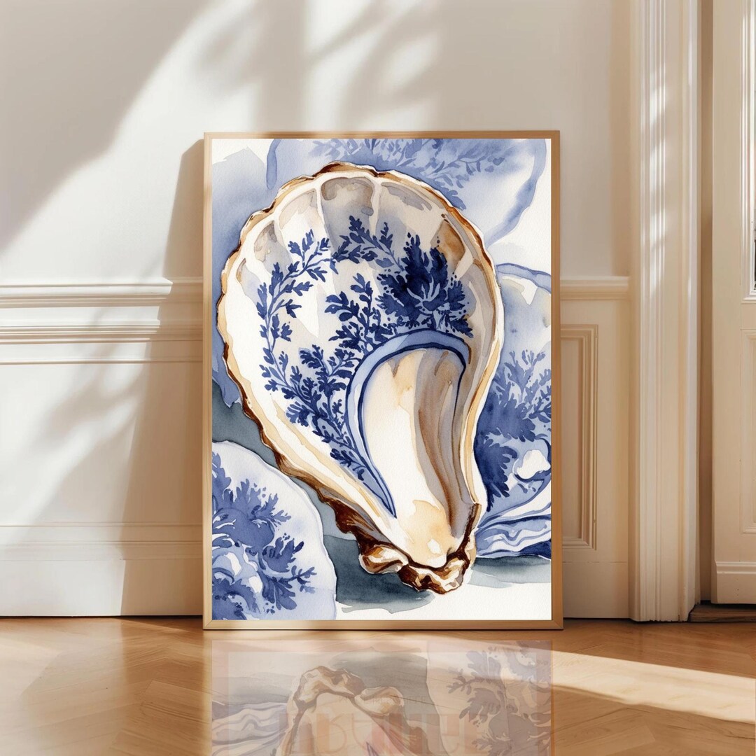 Blue Toile Oyster Shell Print: Chinoiserie Coastal Art (digital ...