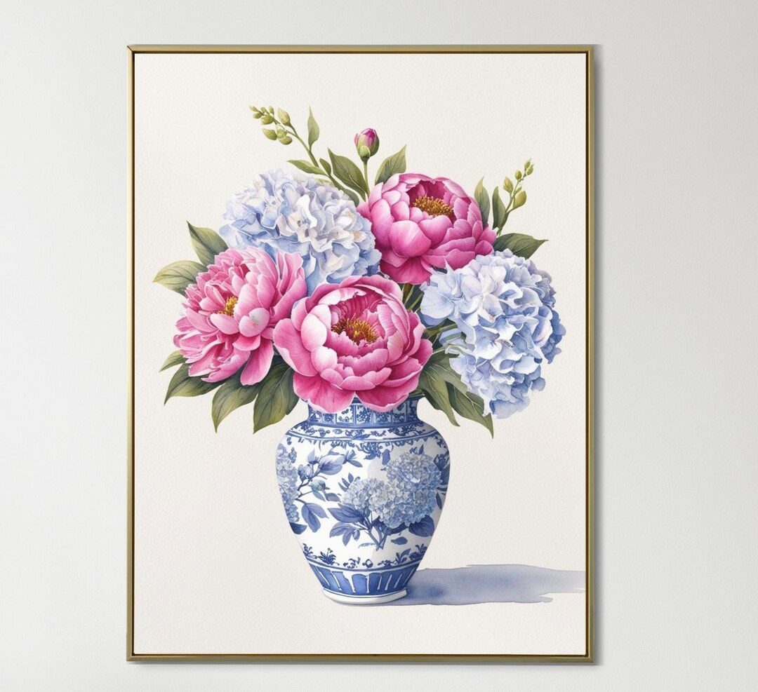 Toile Vase Floral Print: Blue, White, Pink Peonies (digital Download ...