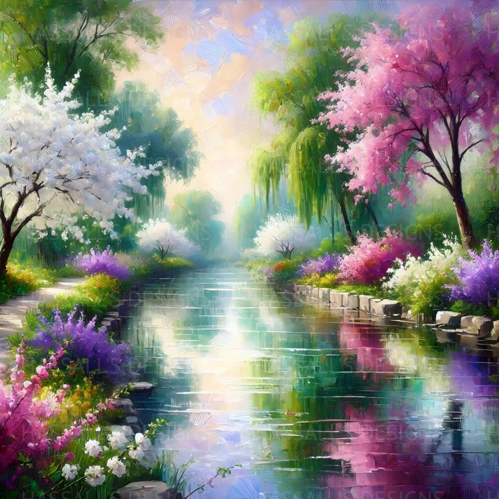 Digital Download - Serene Spring Landscape Art Print - Colorful River ...