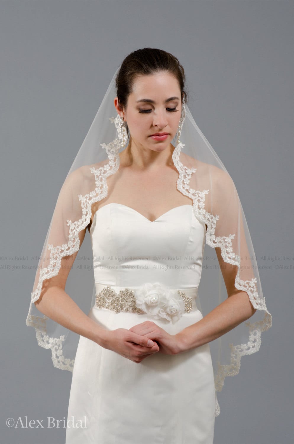 Alencon Lace Mantilla Wedding Veil: Fingertip Length, Ivory White - Etsy