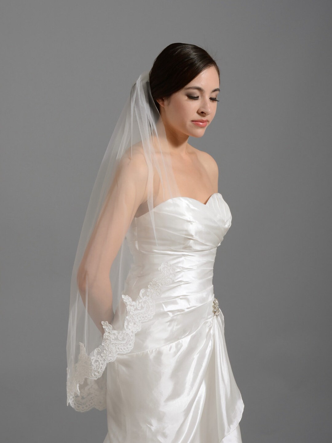 Alencon Lace Mantilla Wedding Veil - Fingertip Length - Etsy