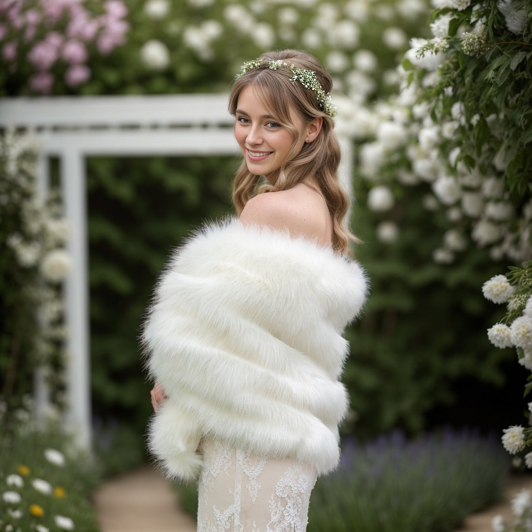 Wide Ivory Faux Fur Bridal Wrap Wedding Faux Fur Shawl Bridal Faux Fur ...