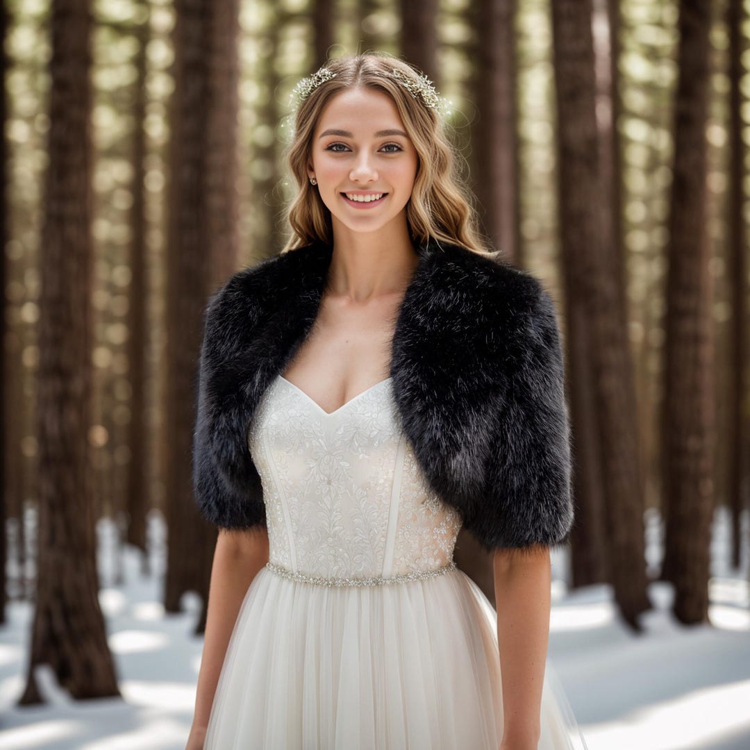 Black Faux Fur Bridal Bolero: Elbow Length Shrug, Wedding Cover-up - Etsy