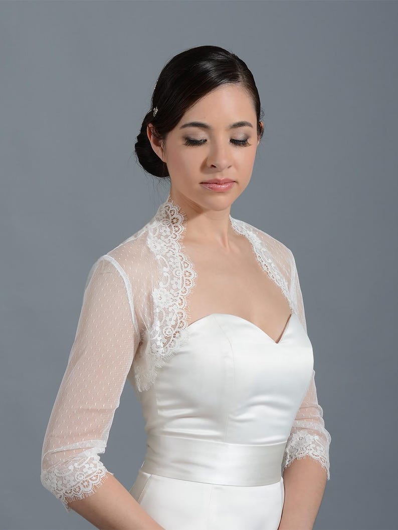 Ivory Dot Lace Wedding Bolero Jacket - Bridal 3/4 Sleeve - Etsy