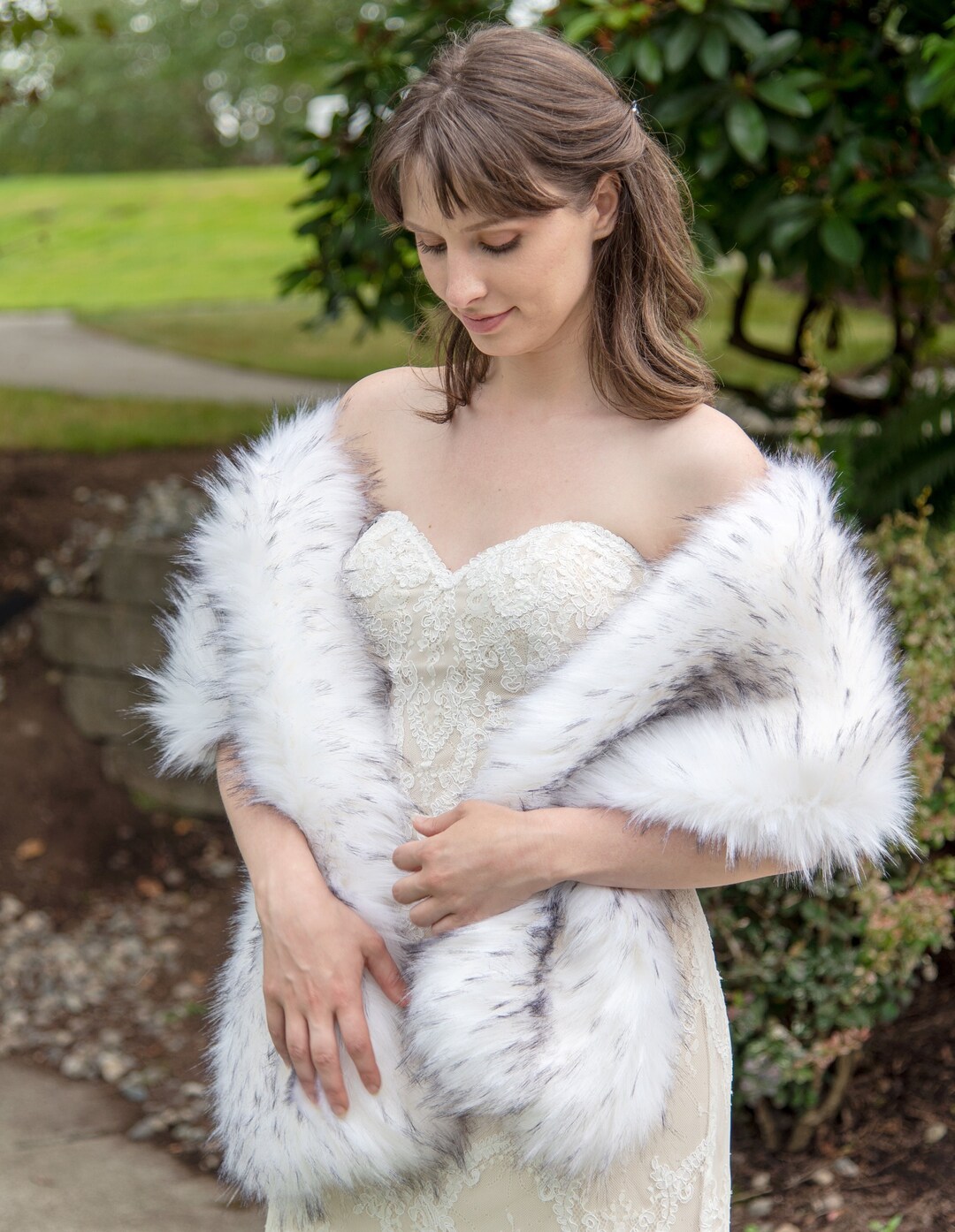 White Faux Fur Wrap With Black Tips Faux Fur Stole Faux Fur Shawl ...