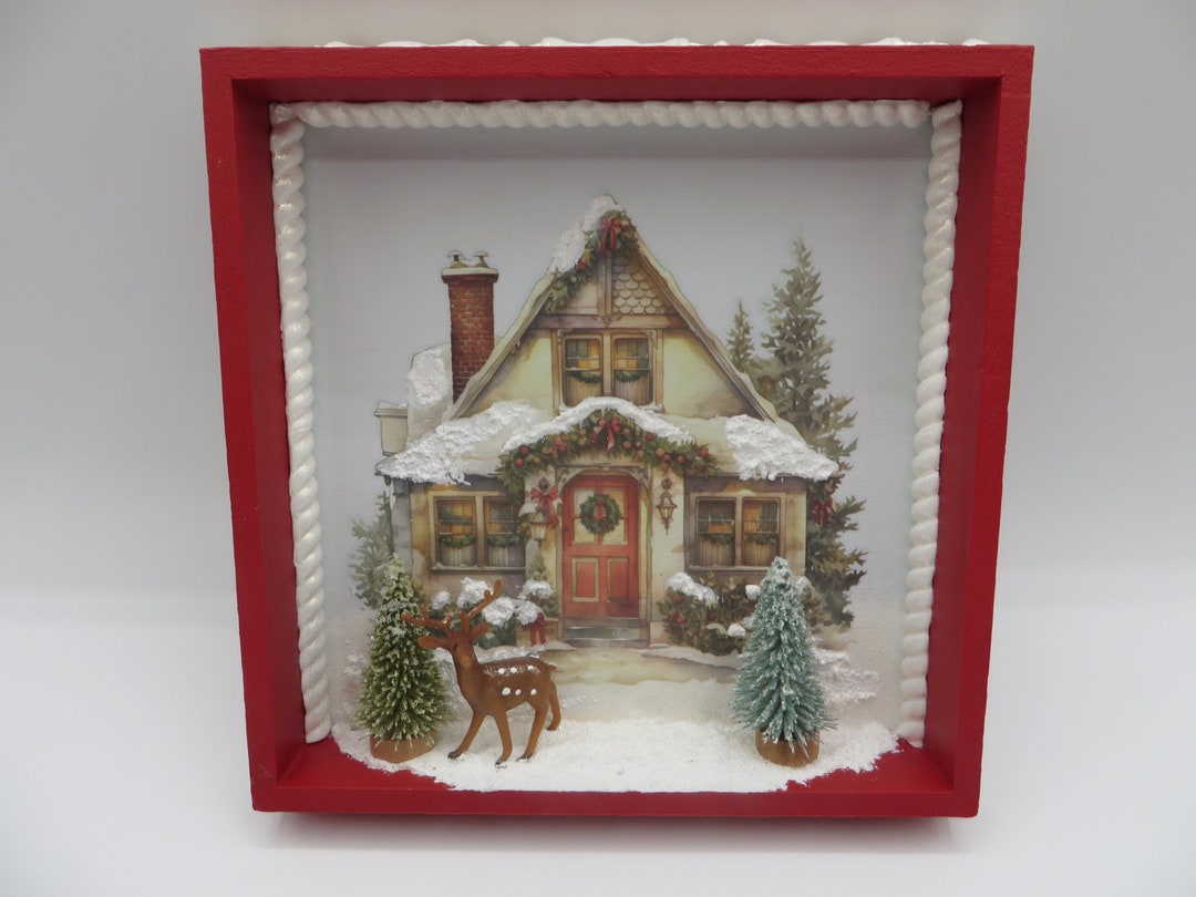 Winter House Shadow Box, Red Upcycled Wood Frame, Trees, Snow, Mini ...