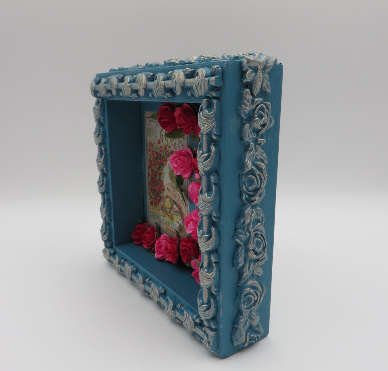 Vintage Wood Framed Blue Shadow Box, Paper Roses in Red & Pink ...