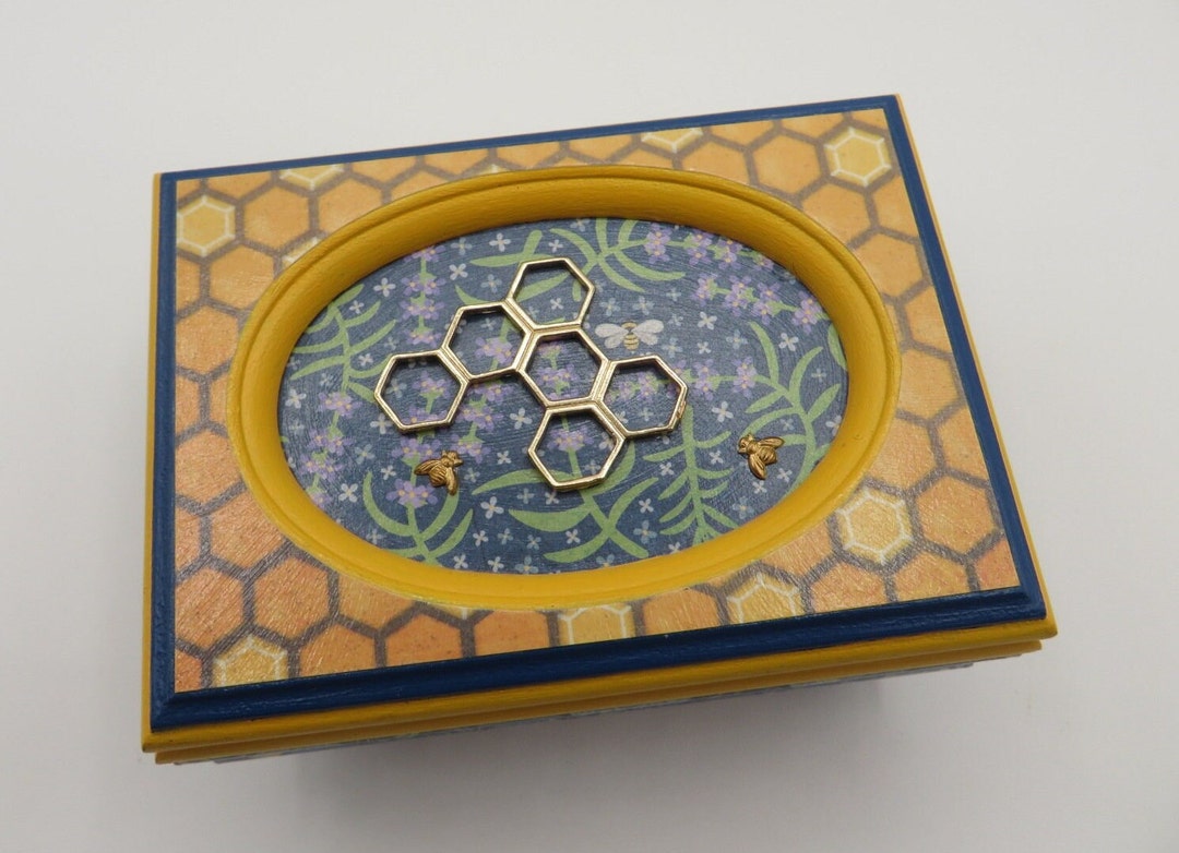 Vintage Wood Jewelry Box, Mini Gold Bees and Honeycomb, Blue, Yellow ...
