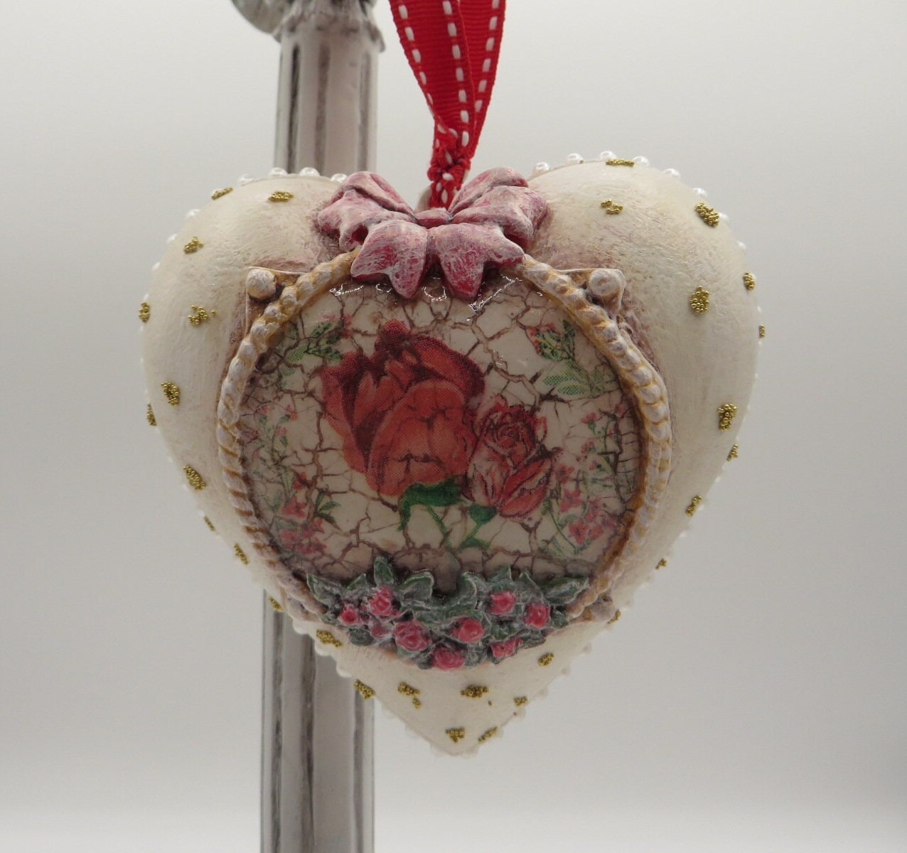 Valentine Heart Ornament, Red, White, Gold, Roses, Hearts, Pearls, Two ...