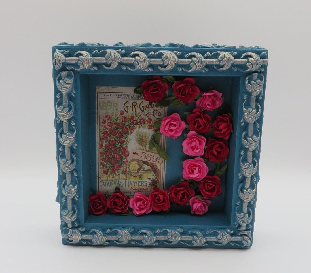 Vintage Wood Framed Blue Shadow Box, Paper Roses in Red & Pink ...