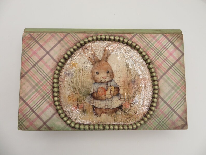Easter Bunny Book Box, Vintage, Wood, Green Plaid, Crackled, Antiqued ...