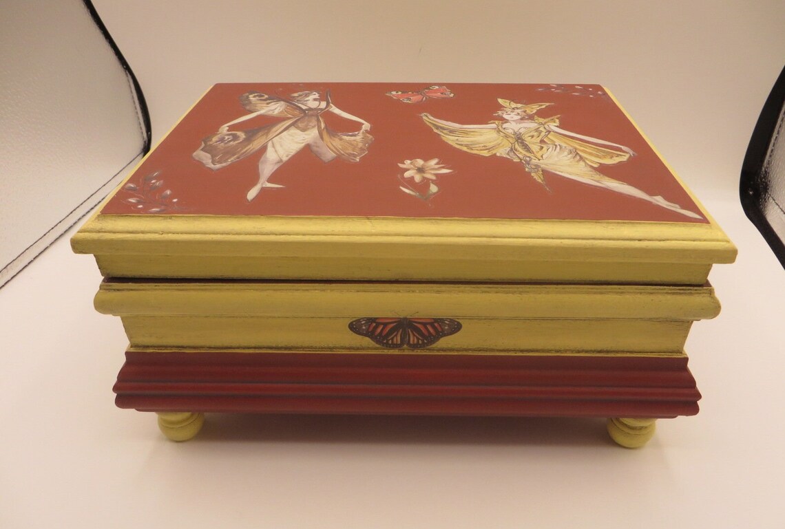 Fairy Jewelry Box, Wood, Vintage, Flowers, Butterflies, Rusty Red ...