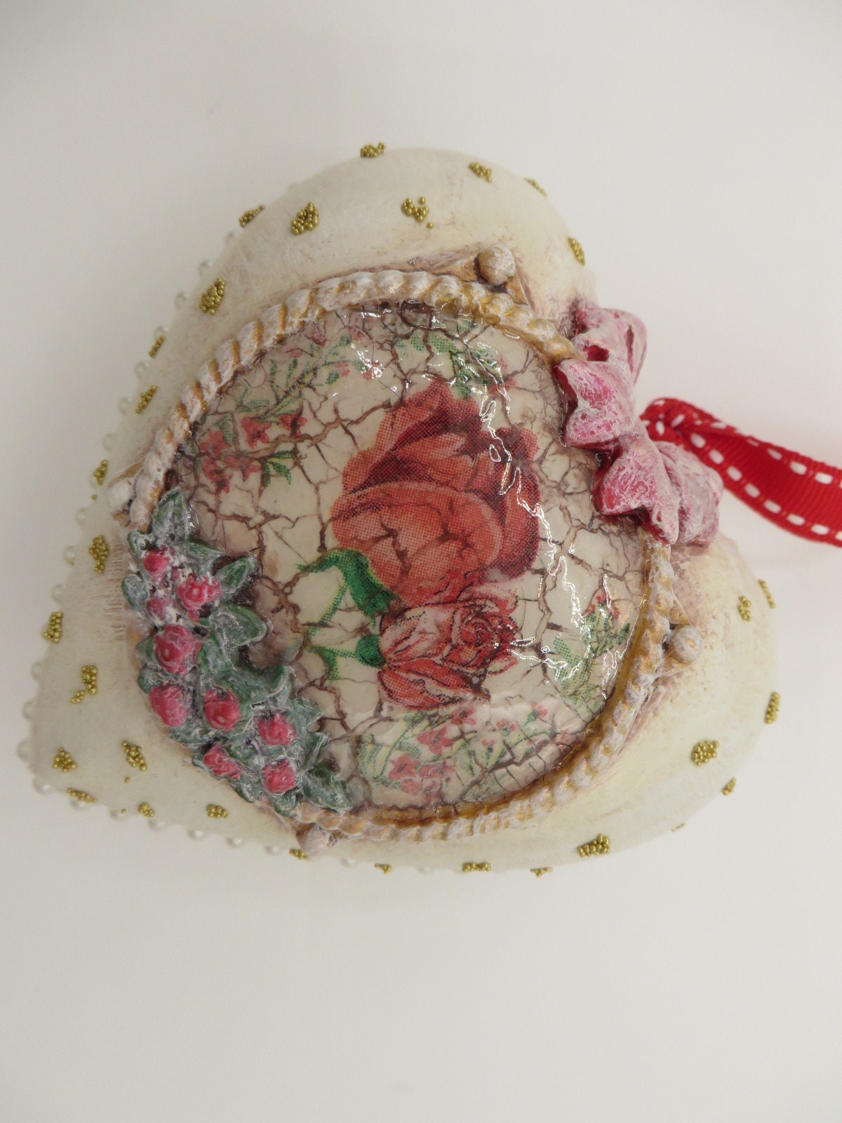 Valentine Heart Ornament, Red, White, Gold, Roses, Hearts, Pearls, Two ...