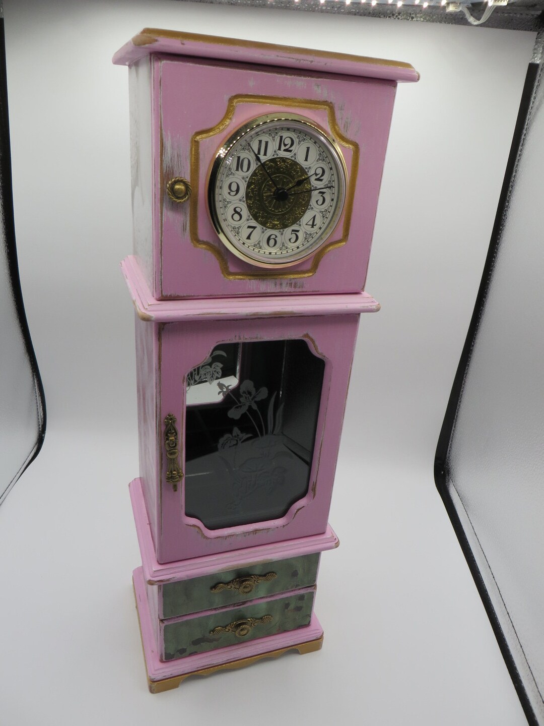 Vintage Wood Jewelry Box With New Clock, Pink, Green, Distressed Finish ...