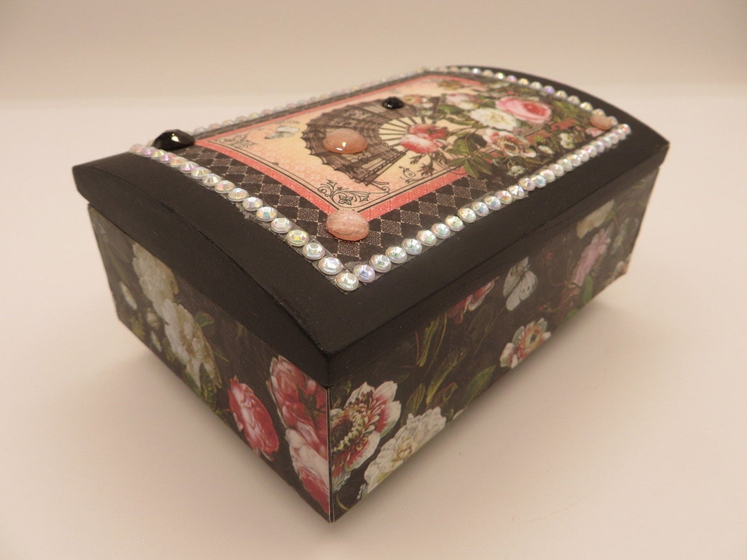 Wood Keepsake, Memory Box, Pink, Black, Floral, Roses, Sparkling gems ...