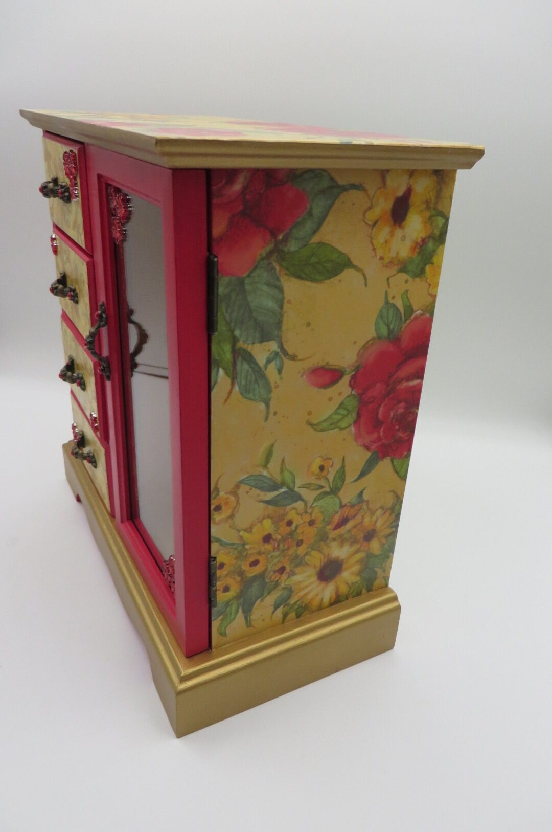 Vintage Wood Jewelry Box, Red Roses, Yellow Flowers, Hand Painted ...