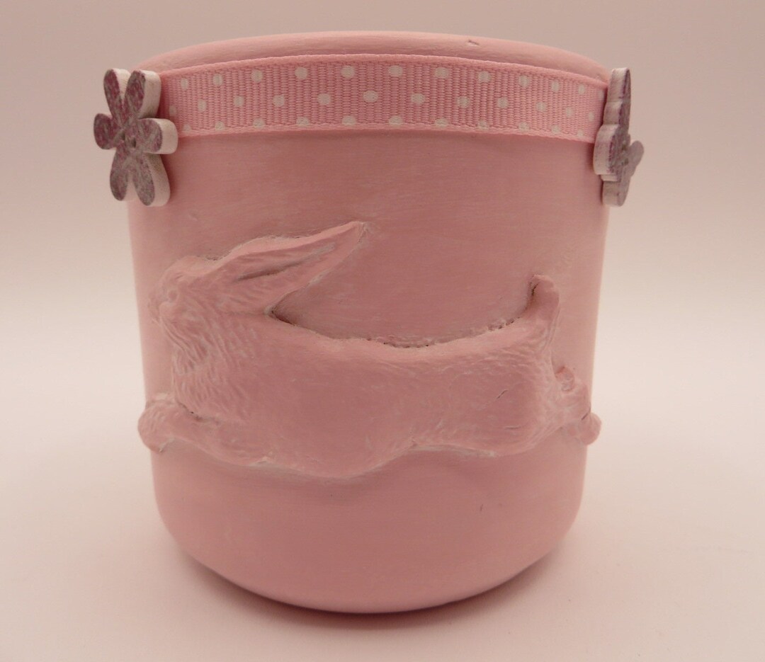 Vintage Ceramic Crock, Pink, Rabbits, Bunnies, Ribbon, Buttons ...