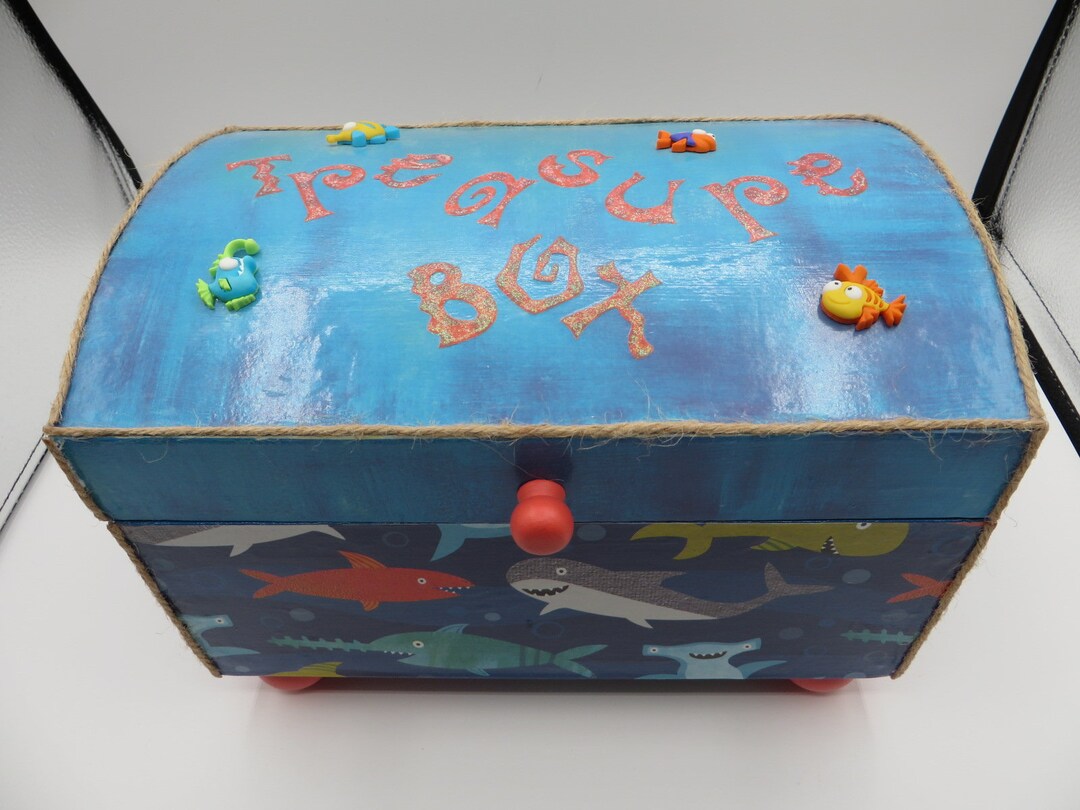 Shark Treasure Box, Vintage Wood Chest, Fish Buttons, Blue, Orange ...