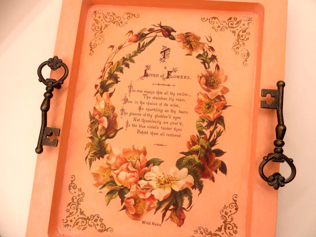Wood Tray, Floral Poem, Brass Key Handle, Peach, Upcycled - Etsy