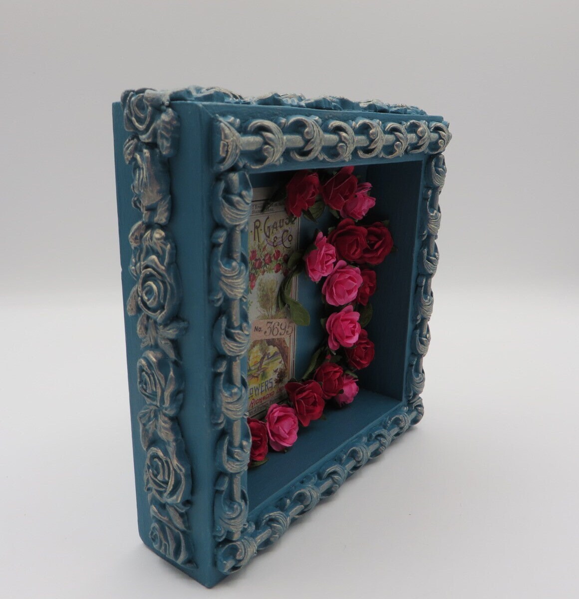 Vintage Wood Framed Blue Shadow Box, Paper Roses in Red & Pink ...