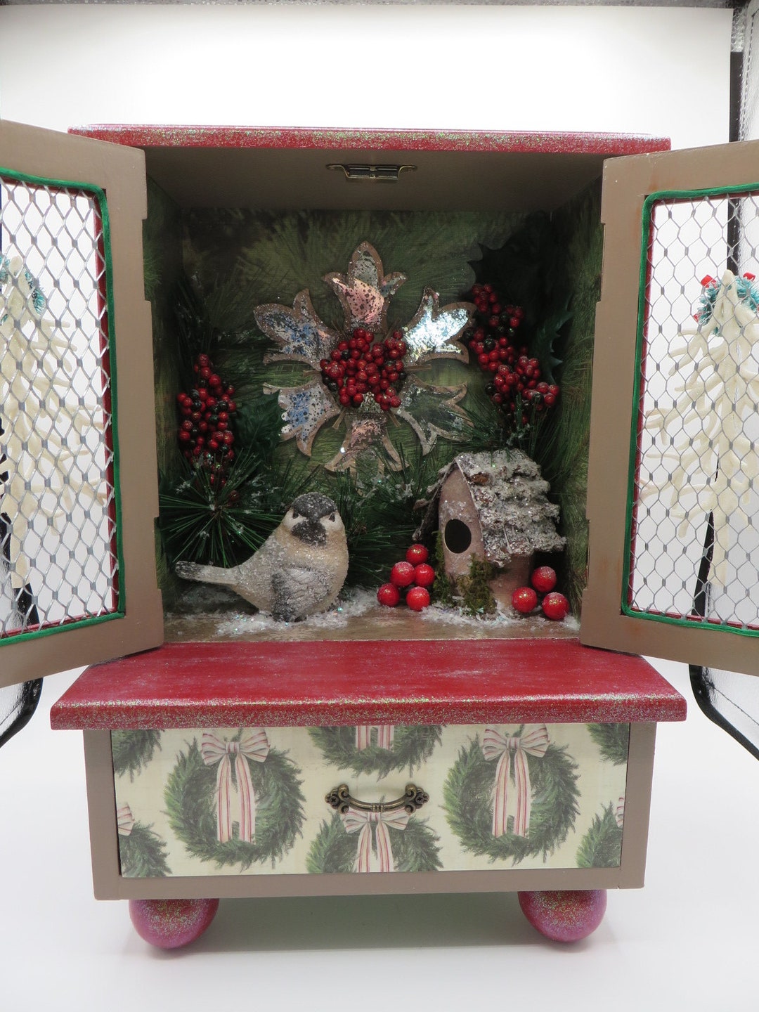 Winter Scene Shadow Box Cabinet, Vintage Upcycled, Wood, Bird ...