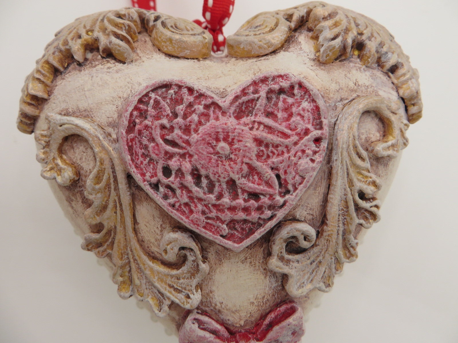 Valentine Heart Ornament, Red, White, Gold, Roses, Hearts, Pearls, Two ...