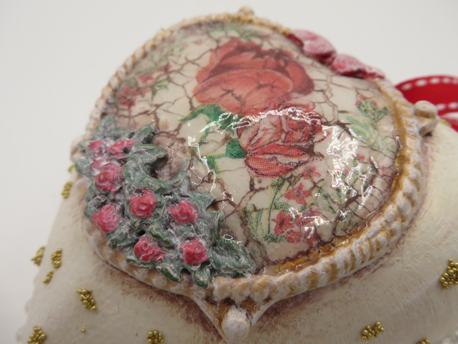 Valentine Heart Ornament, Red, White, Gold, Roses, Hearts, Pearls, Two ...