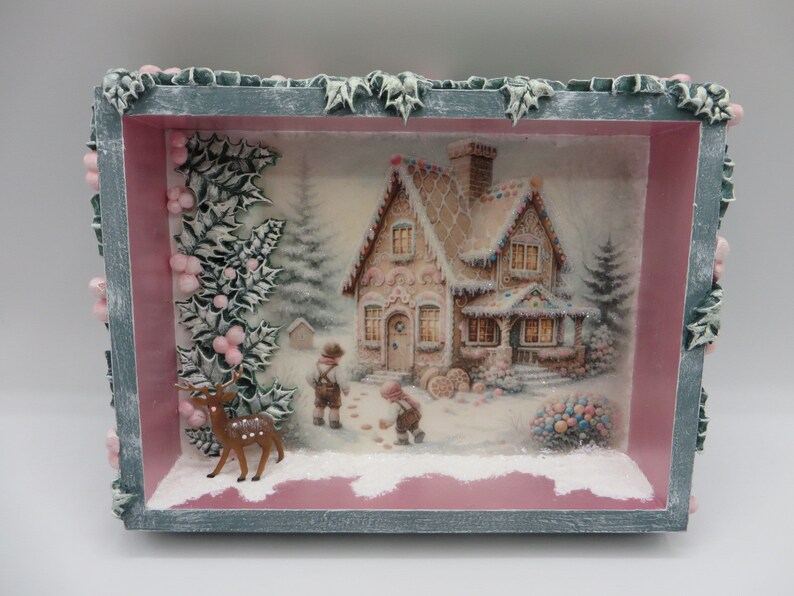 Gingerbread House Shadow Box, Pink, Green, Clay Leaves and Berries ...
