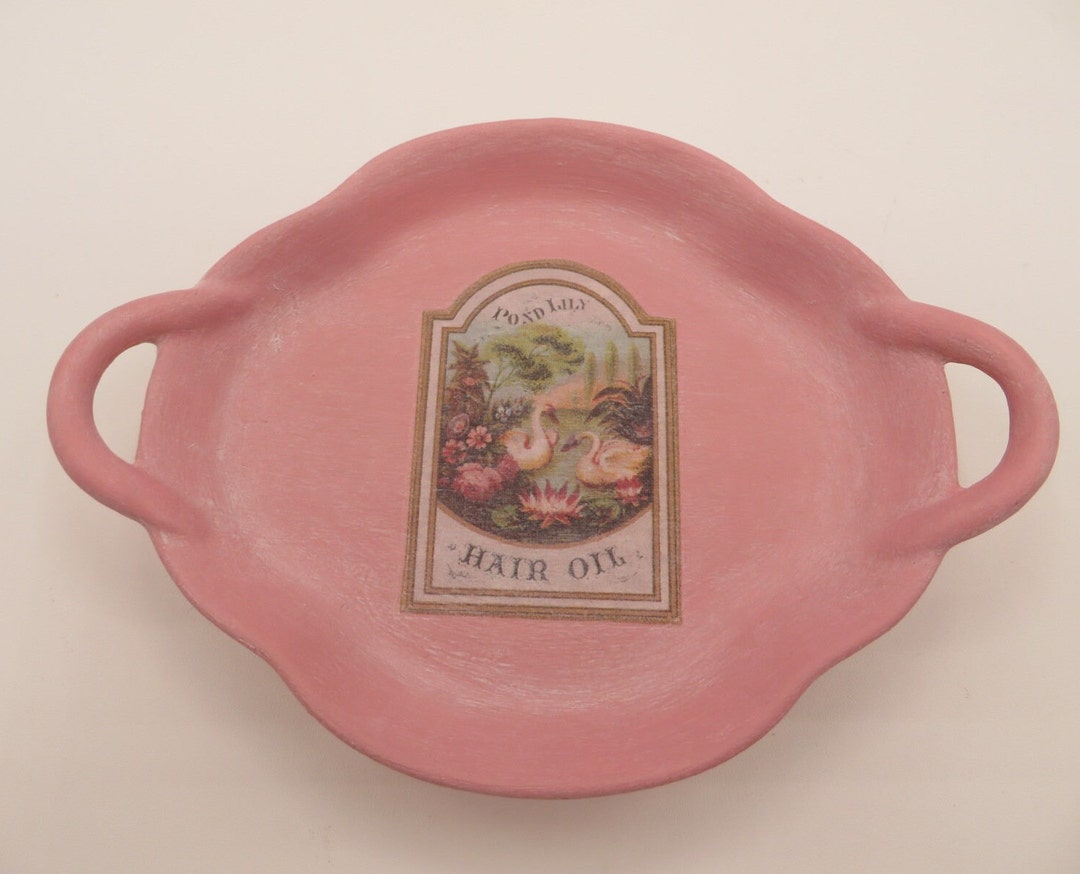 Small Ceramic Tray, Pink, Vintage Label, Pond Lily, Swans, Acrylic ...